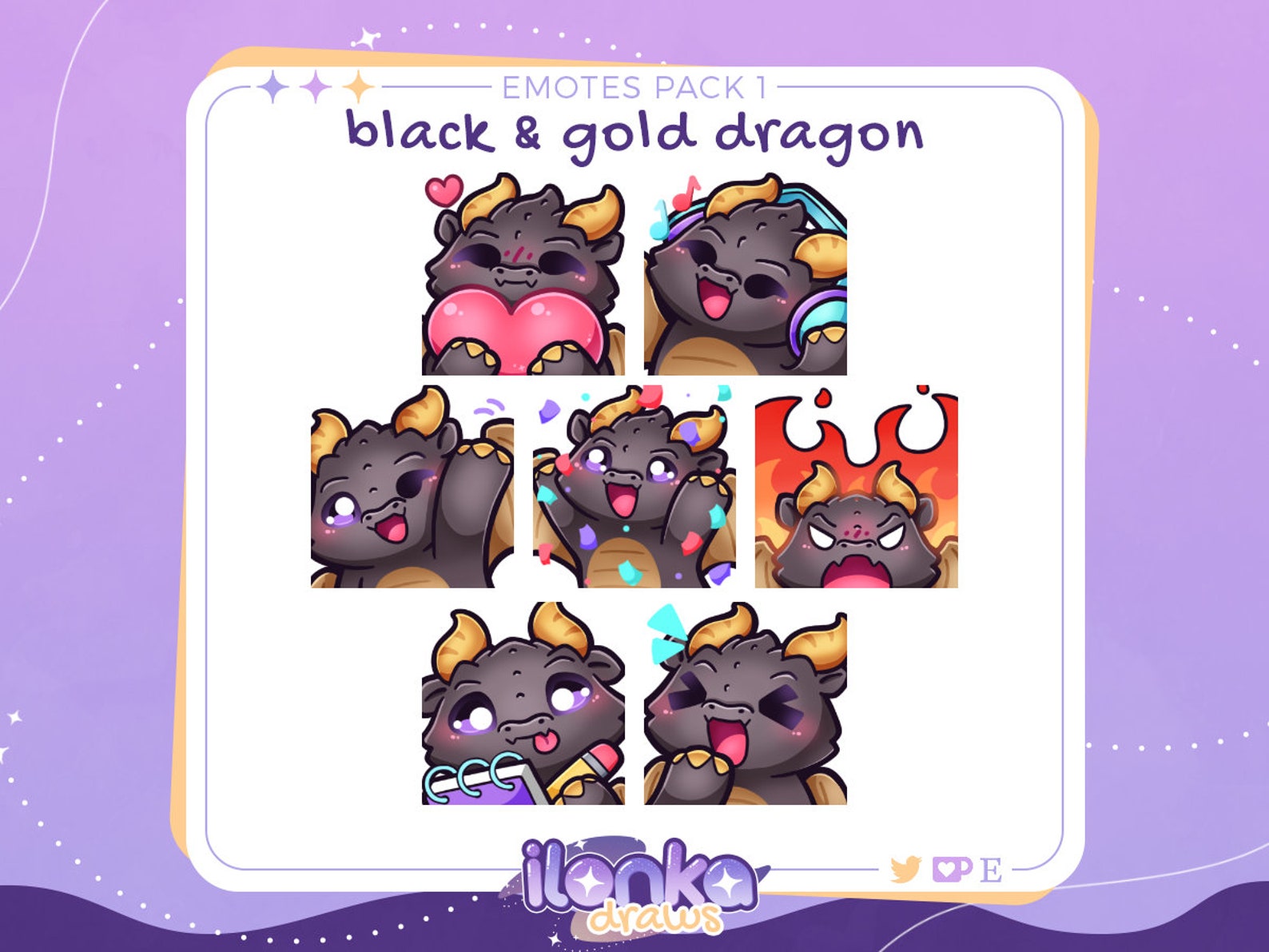 Black & Gold Dragon | Cute Twitch/discord Emotes (set of 7) - Etsy