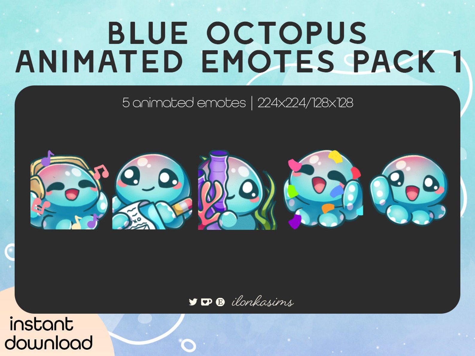 Blue Octopus Animated Twitch/discord Emotes Pack 1 - Etsy