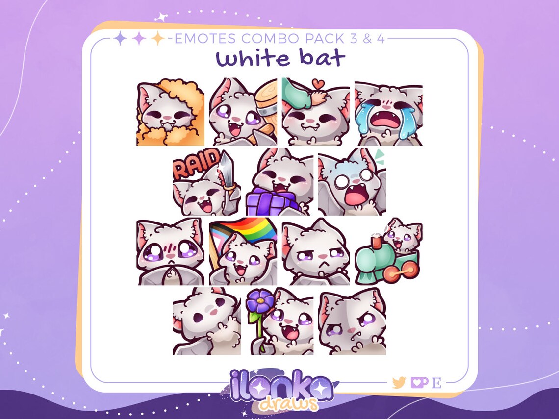 White Bat | Twitch/discord Emotes Combo Pack 3 & 4 (set of 14) - Etsy