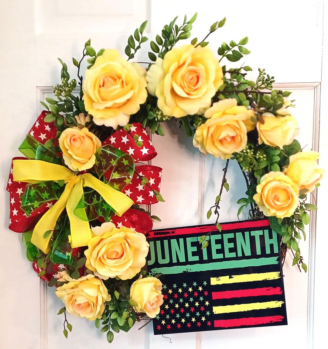 Handmade Floral Yellow Roses Wreath, Juneteenth Flag Decor, Texas End ...