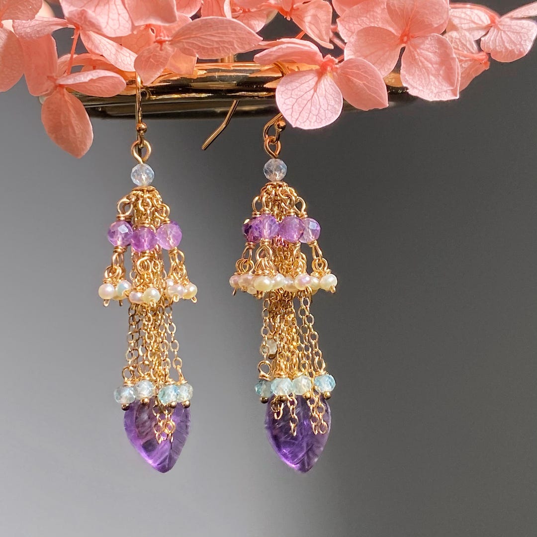 Amethyst/pearls Wind Chime Earrings,waterfall Gemstone Earrings ...