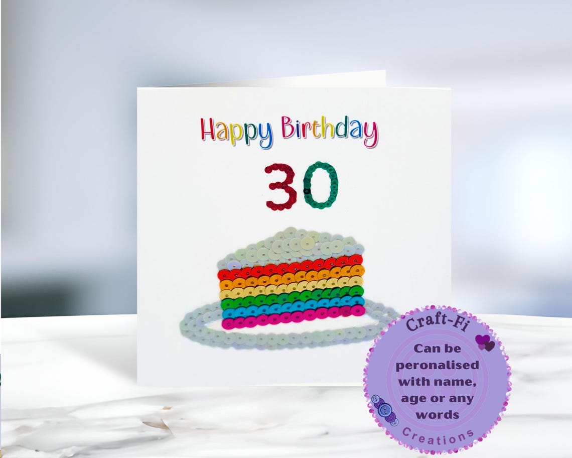 Custom 30th Birthday Card Girl, Handmade Sequin Birthday Cake Card ...