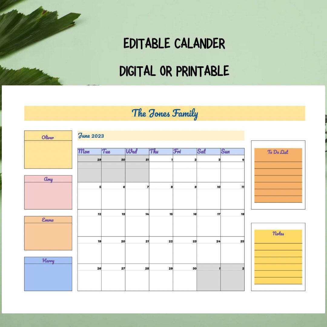 Calendar EDITABLE and Customisable Template, Monthly Calendar, Diary ...