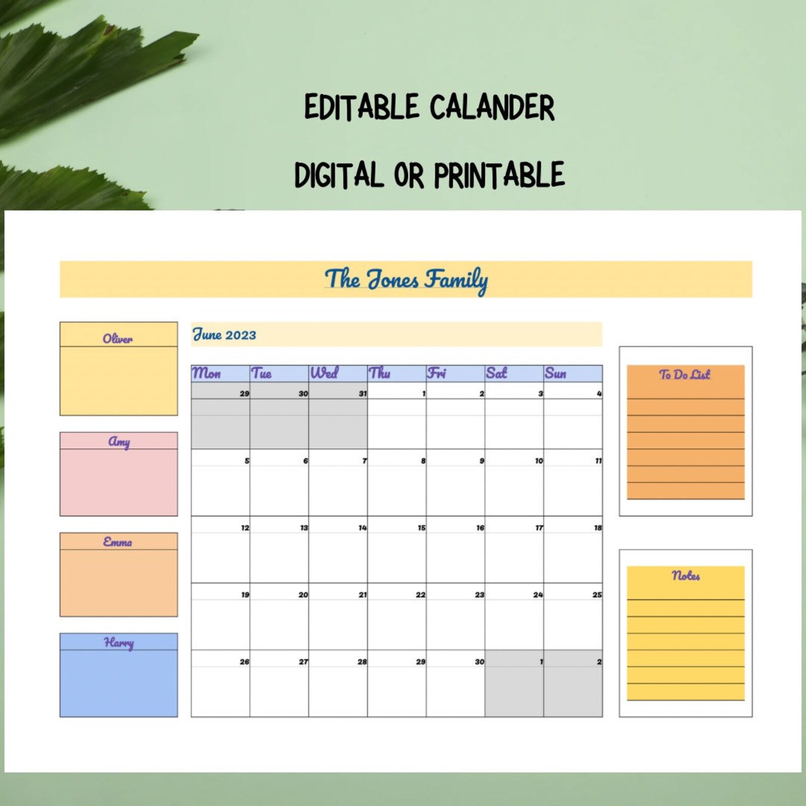 Calendar EDITABLE and Customisable Template, Monthly Calendar, Diary ...