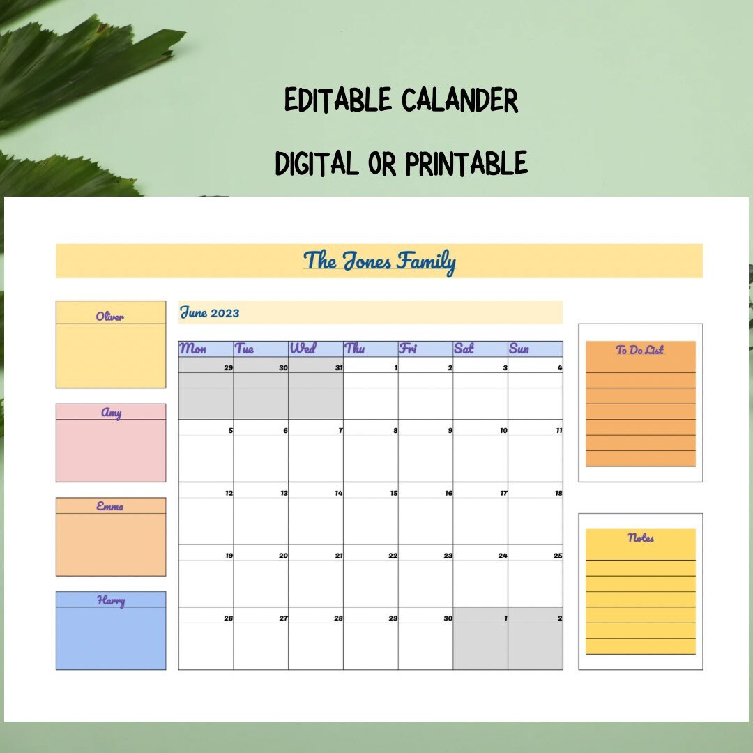 Calendar EDITABLE and Customisable Template, Monthly Calendar, Diary ...