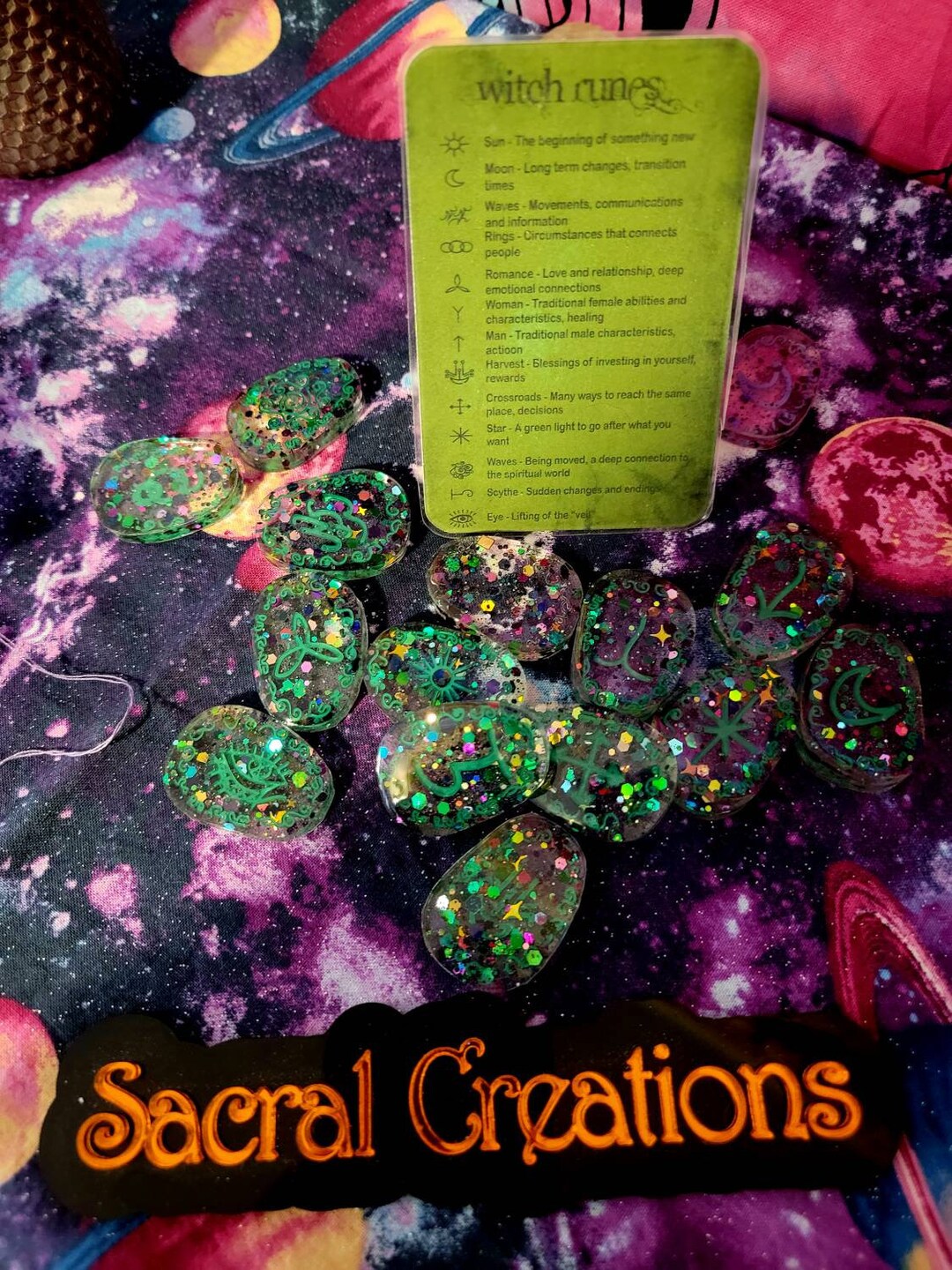 Green Glitter Witch Runes With Guide Card Witch Runes Resin Witch Runes ...