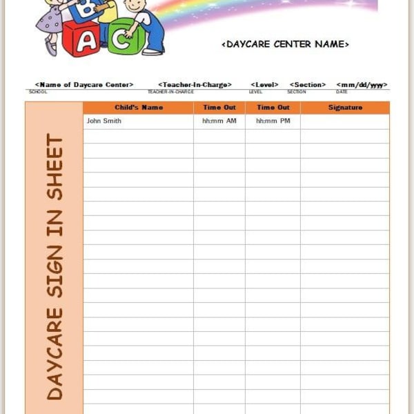 Monthly Daycare Sign in Sheet - Etsy