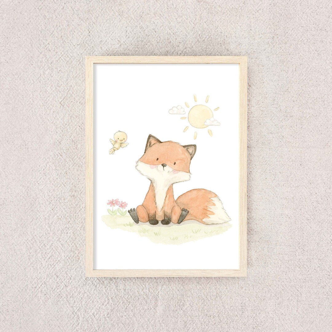Fuchs mit Vogel Aquarell Poster, Waldtier Kinderbild Babyzimmer, fox ...