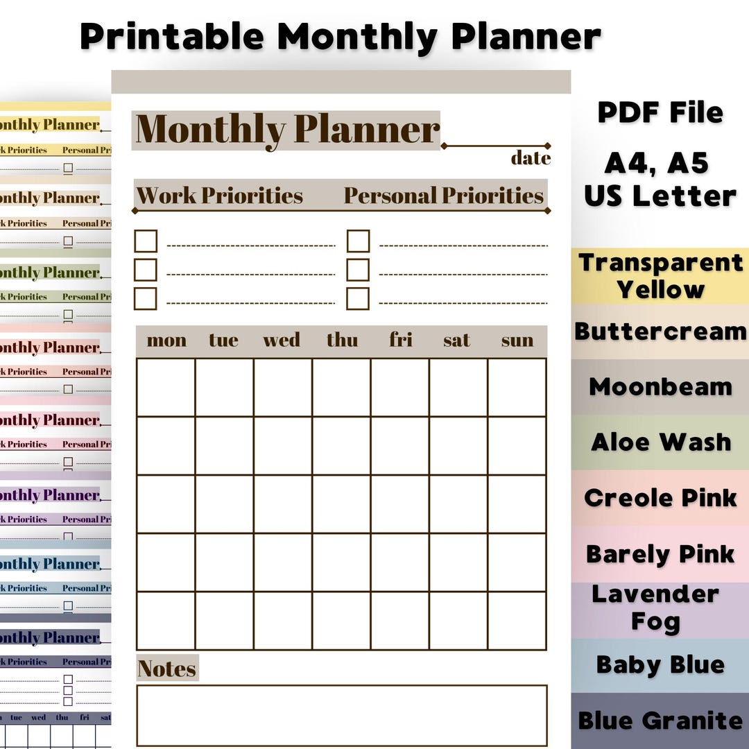 Printable Monthly Planner in 9 Trendy Colors | Monthly PDF Task ...