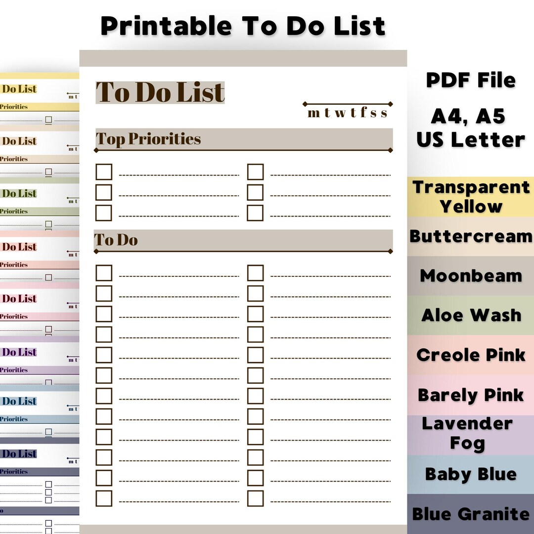 Printable To-do List in 9 Trendy Colors | Daily, Weekly PDF Task ...