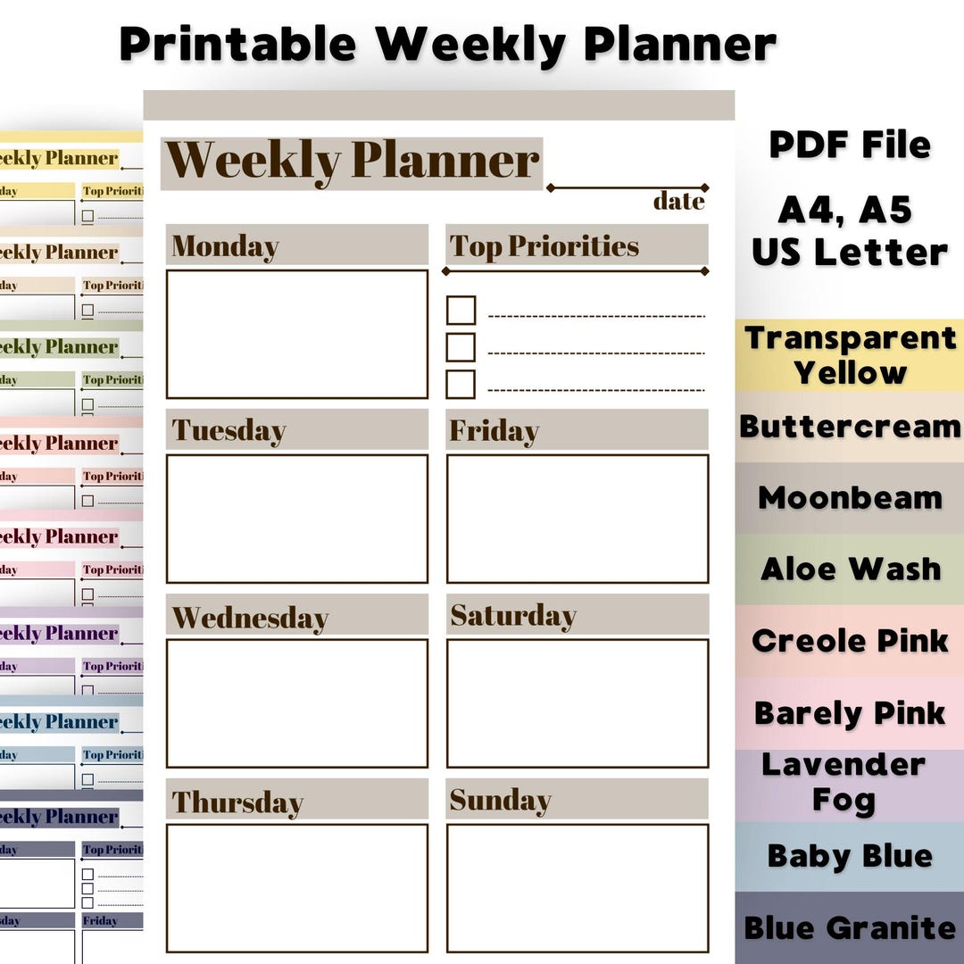Printable Weekly Planner in 9 Trendy Colors | Weekly PDF Task Schedule ...