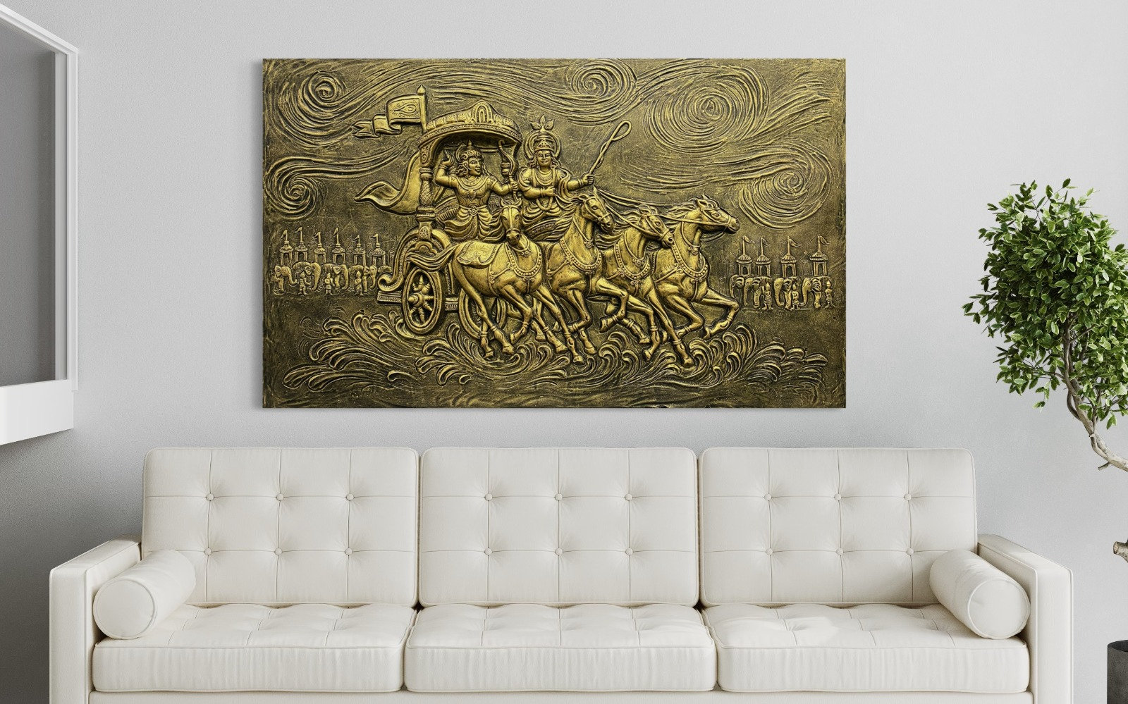 3X5 Feet Krishna Arjuna Rath Mahabharat 3D Relief Mural Wall Art 3D ...
