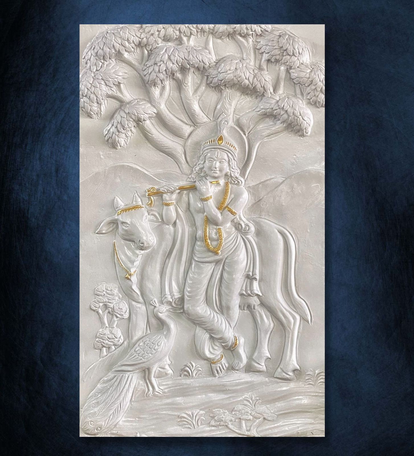 Pristine White Lord Krishna With Cows 3D Relief Mural Wall Art | Ready ...