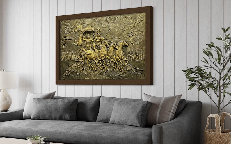 3X5 Feet Krishna Arjuna Rath Mahabharat 3D Relief Mural Wall Art 3D ...
