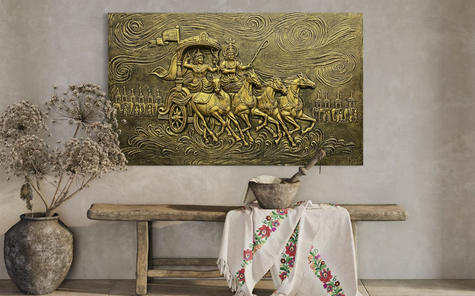 3X5 Feet Krishna Arjuna Rath Mahabharat 3D Relief Mural Wall Art 3D ...