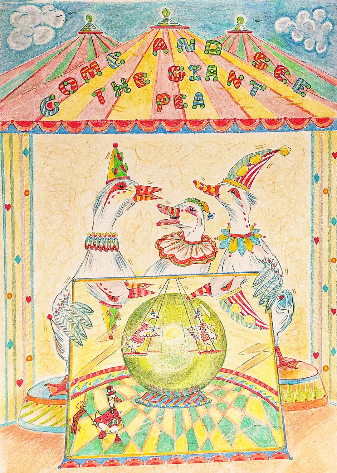 Whimsical Illustration of White Pekin Ducks at the Circus With a Giant ...