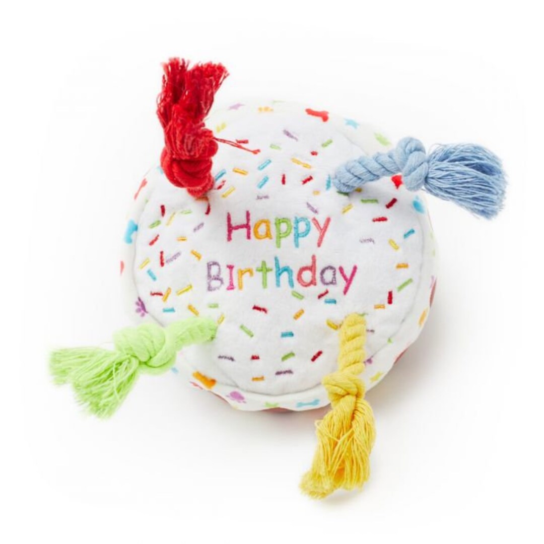 Dog Birthday Cake Squeaky Soft Plush Toy With Rope Candles Celebrate ...