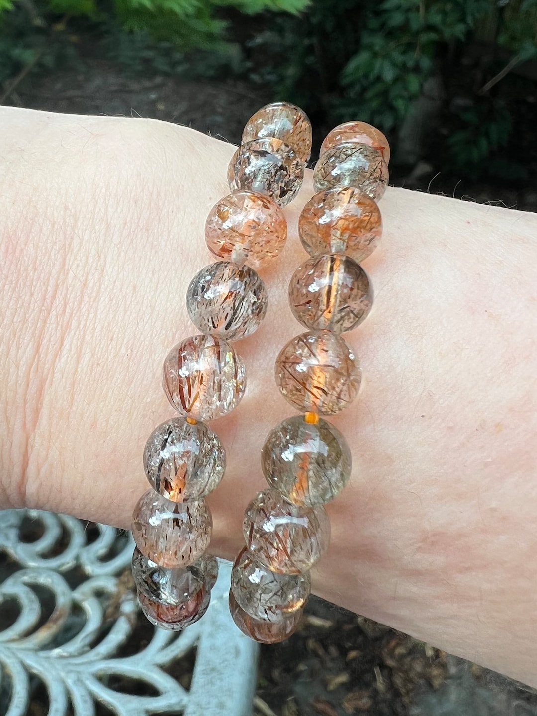 Black and Gold Rutilated Quartz / Angel Hair Crystal Beaded Bracelet ...