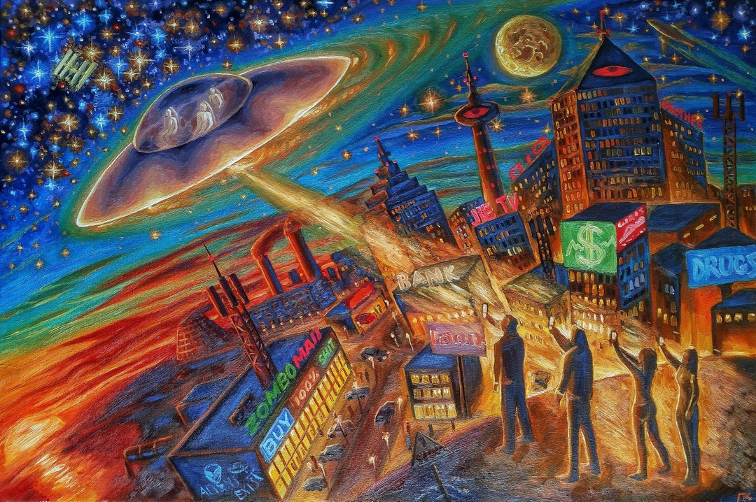 Cosmic Zoo Original Oil Painting on Canvas Space UFO Aliens Sci Fi Art ...