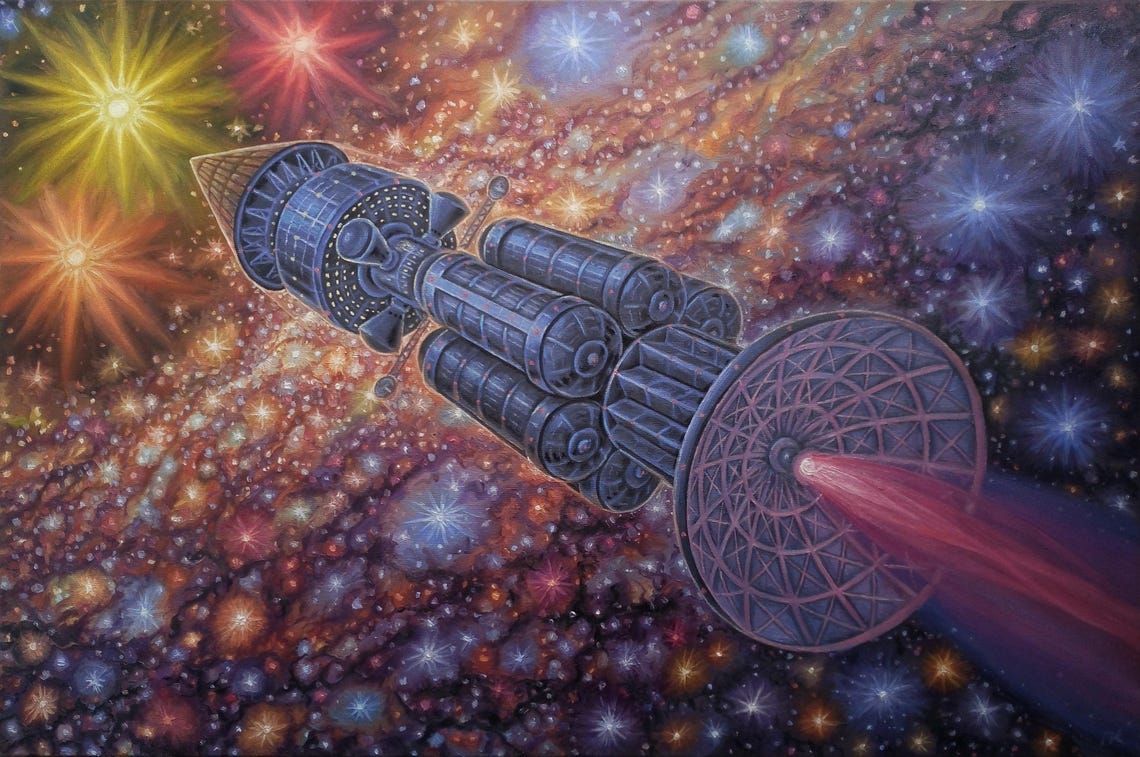 Interstellar Thermonuclear Starship Original Oil Painting on Canvas Space Art Sci Fi Spaceship ...