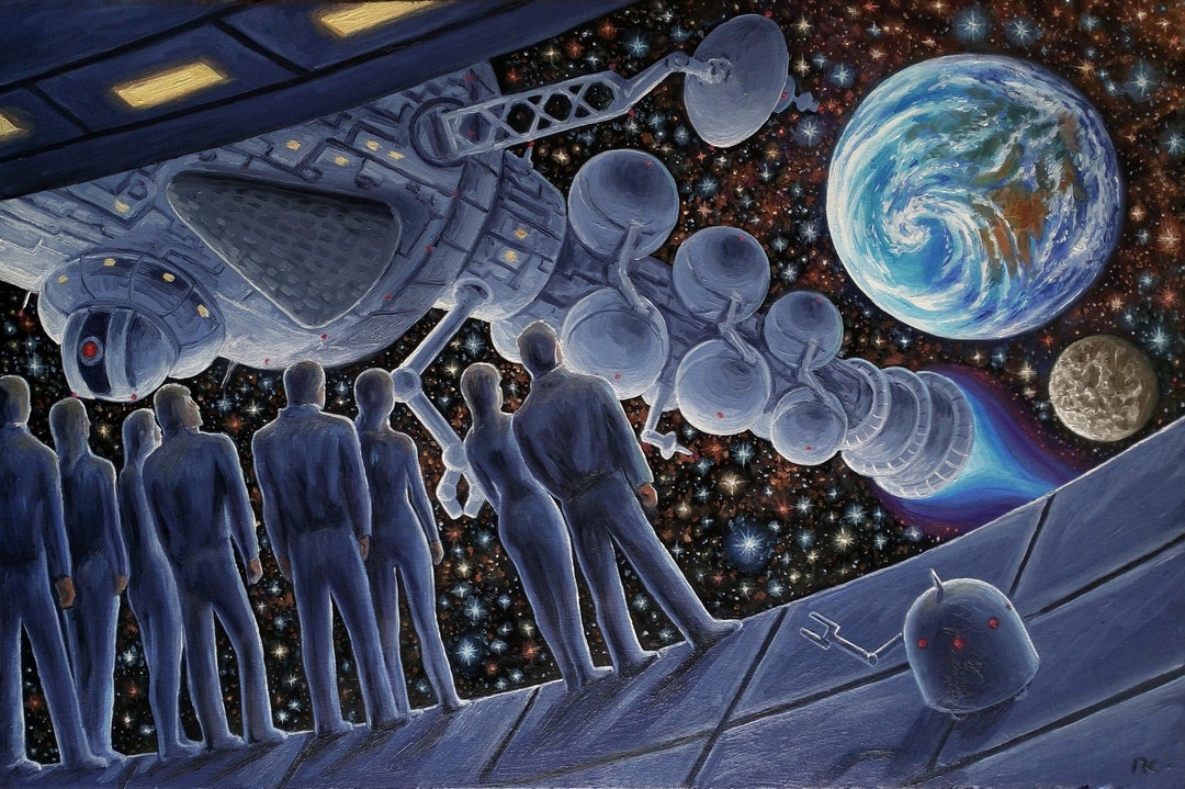 Humans in Space Original Oil Painting Sci Fi Space Art Spaceship ...