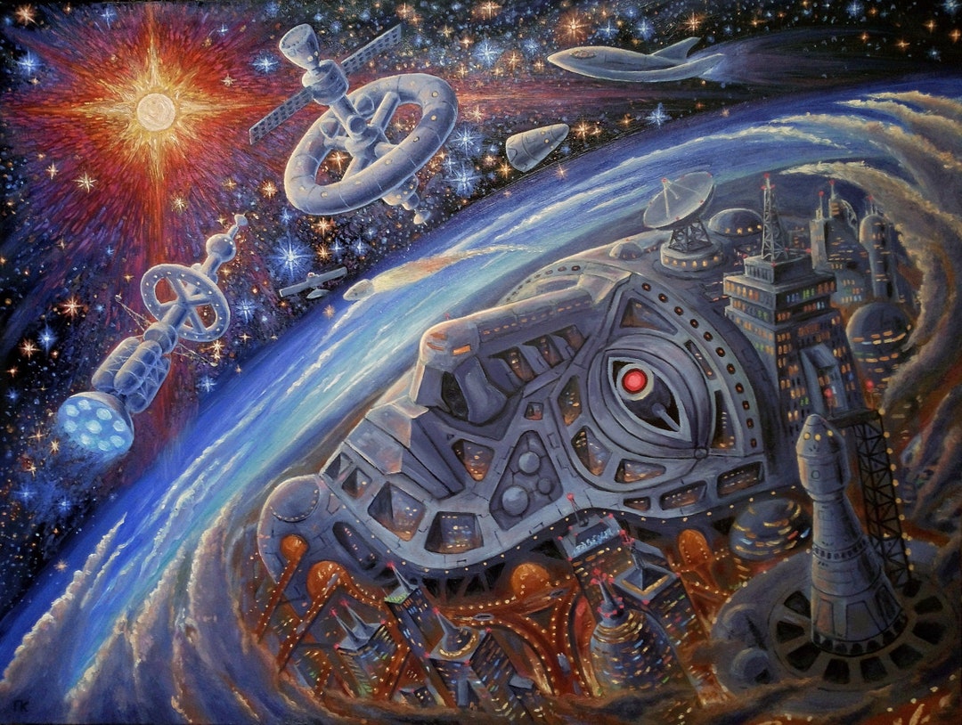 Spaceman City Large Original Space Art Oil Painting Sci Fi Astronaut ...