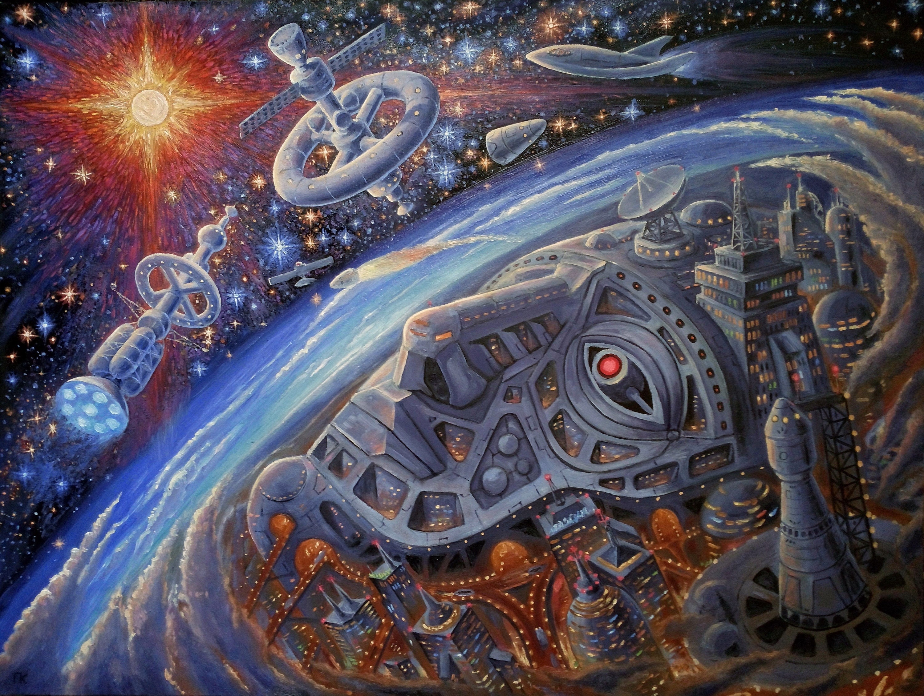 Spaceman City Large Original Space Art Oil Painting Sci Fi Astronaut ...