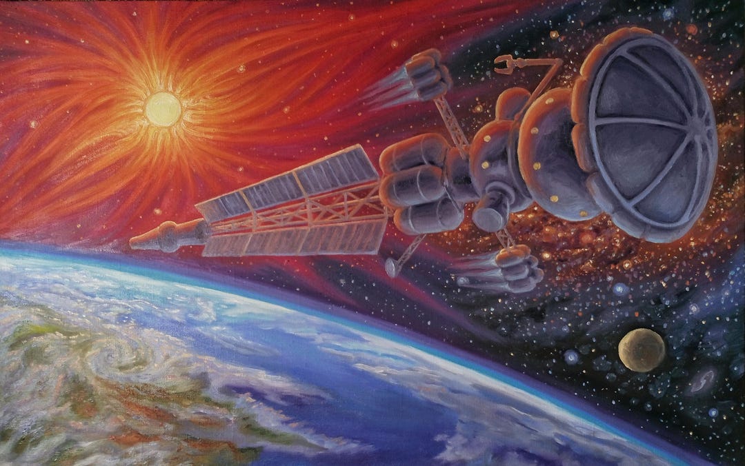 Interplanetary Spaceship Original Space Art Oil Painting on Canvas Sci Fi Retro Spacecraft Space ...