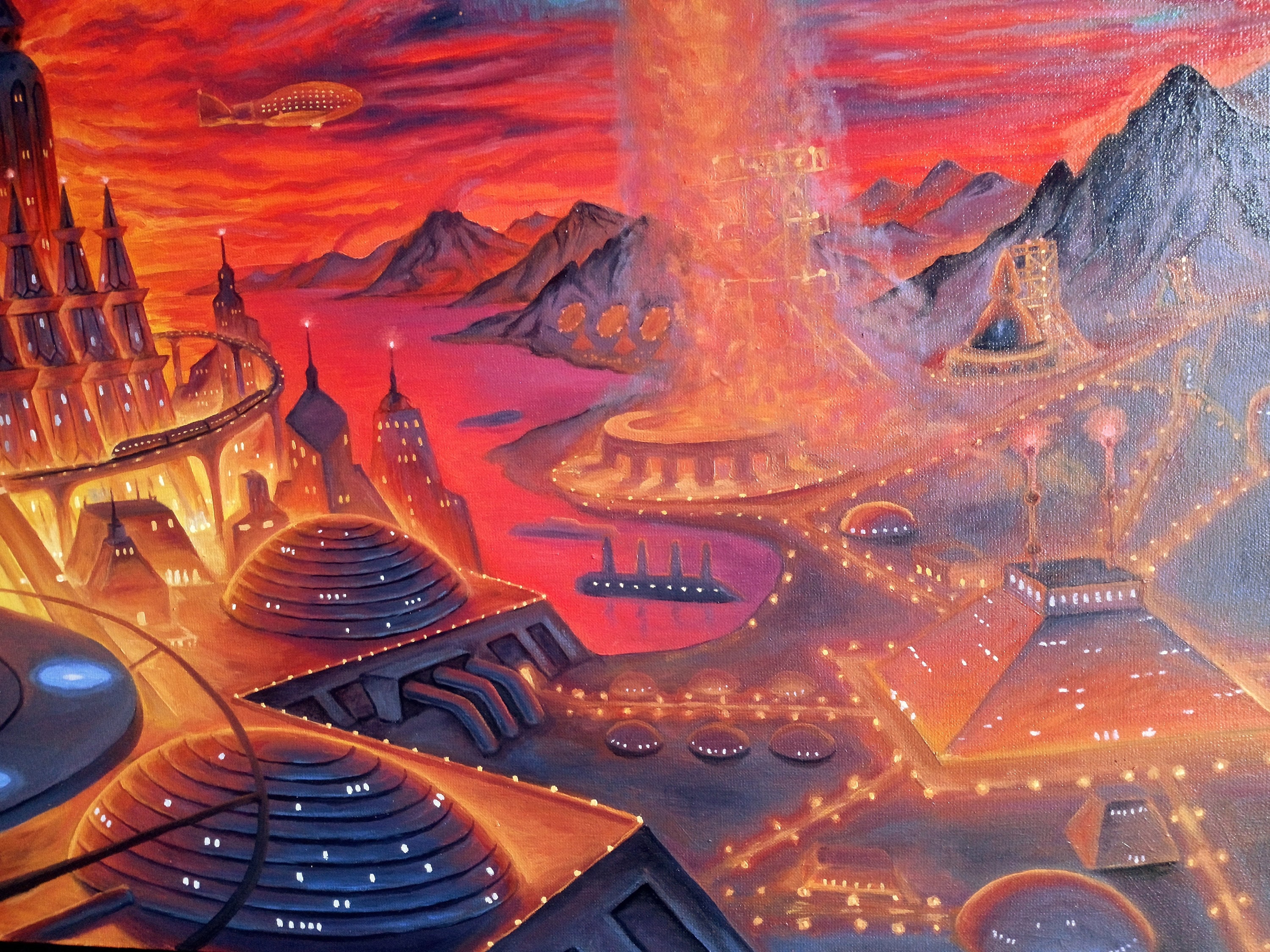 Space City Original Sci Fi Art Oil Painting on Canvas Futurism Retro ...