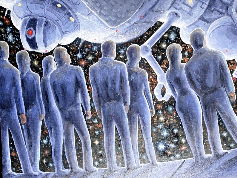 Humans in Space Original Oil Painting Sci Fi Space Art Spaceship Astronaut Earth Planet Retro ...