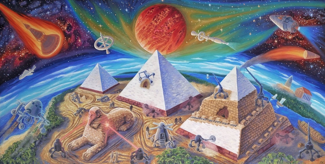Ancient Aliens Build Pyramids Original Oil Painting on Canvas Anunnaki ...