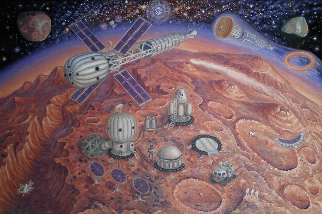 Mars Mission Original Space Art Sci Fi Spaceship NASA Oil Painting on ...