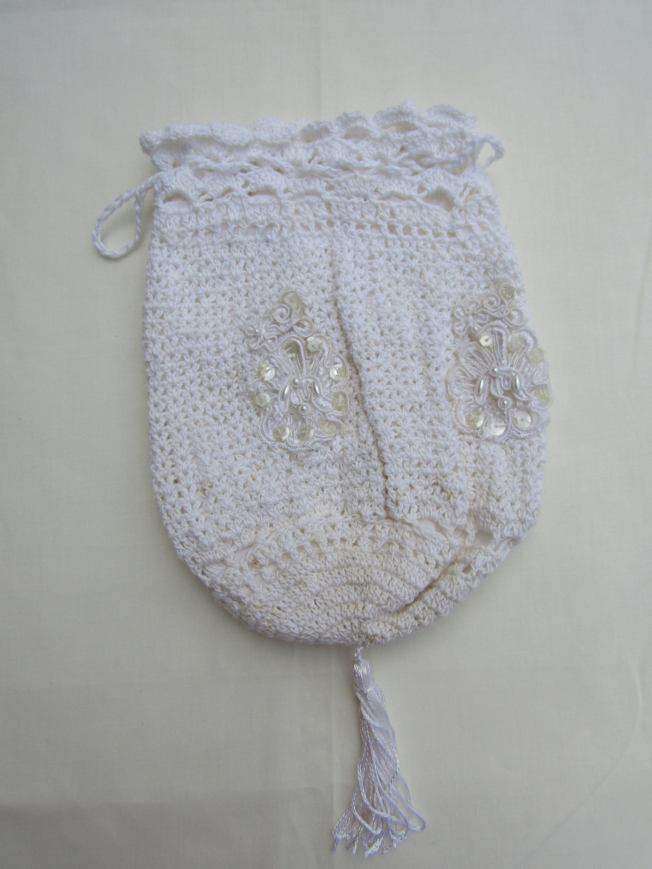 Drawstring Bag Reticule White Appliques Sequins Beads Hand - Etsy