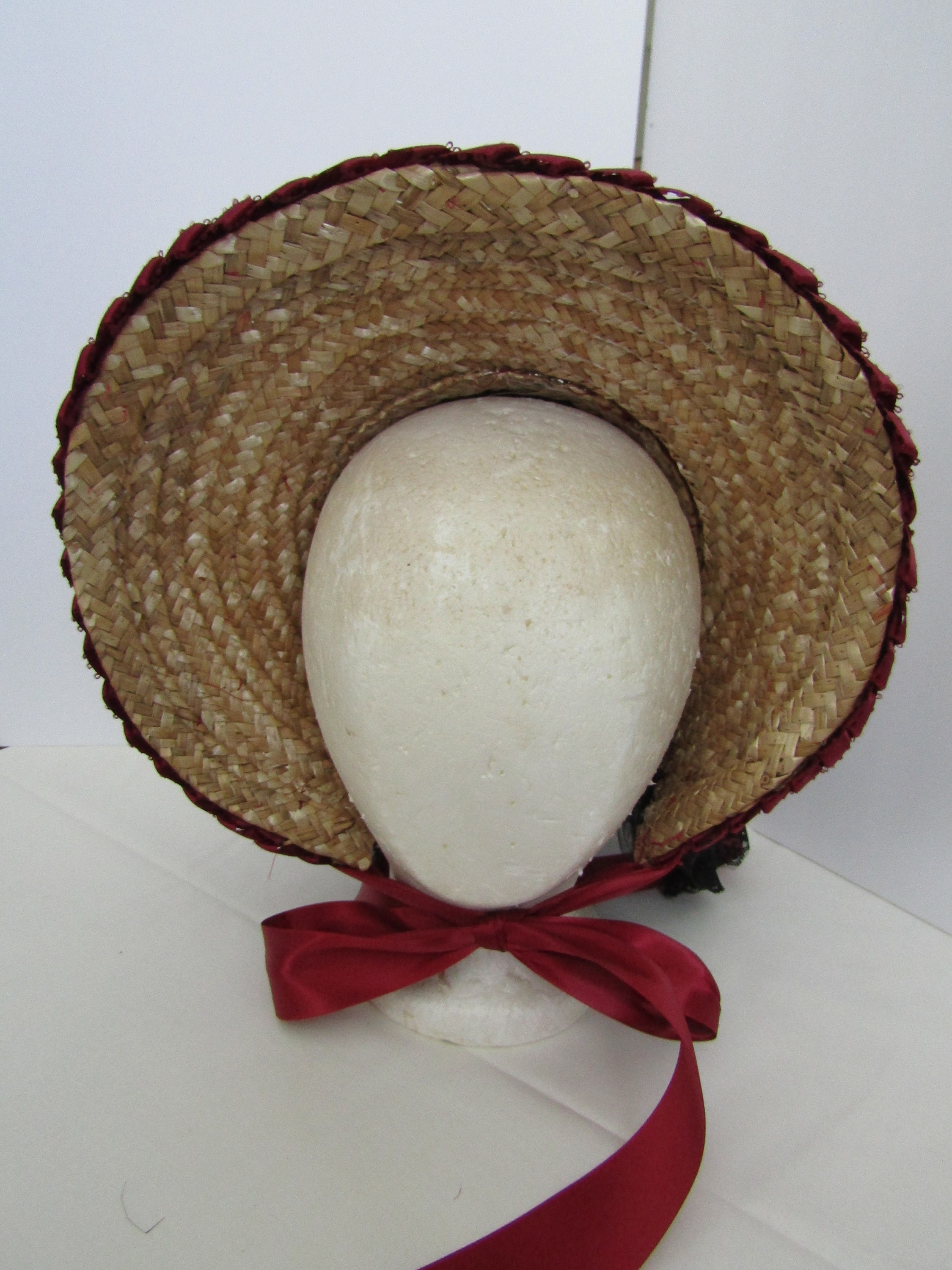 Straw Bonnet Reconstructed Reshaped Country Red Ribbon Braid Trim Roses ...
