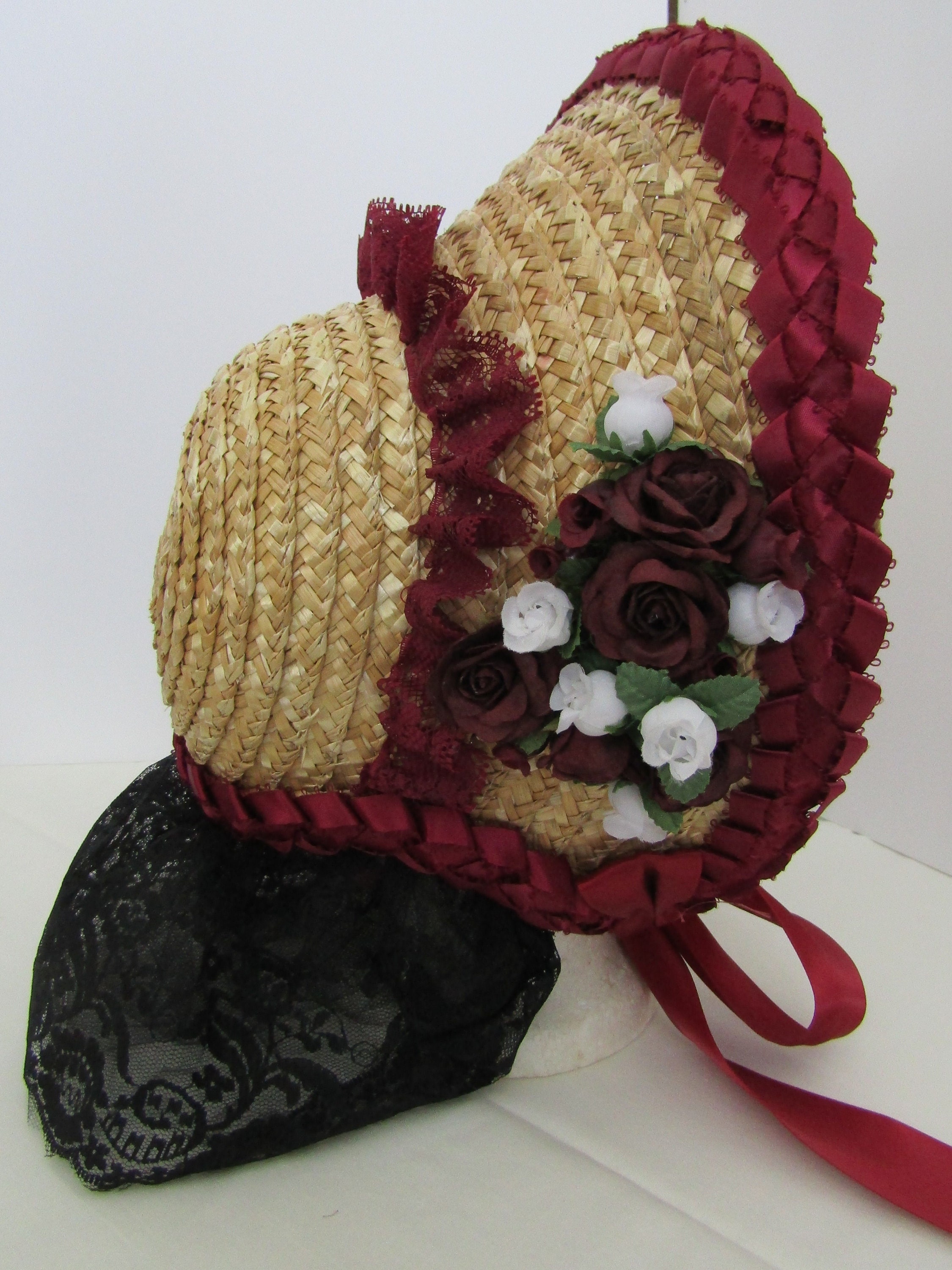 Straw Bonnet Reconstructed Reshaped Country Red Ribbon Braid Trim Roses ...