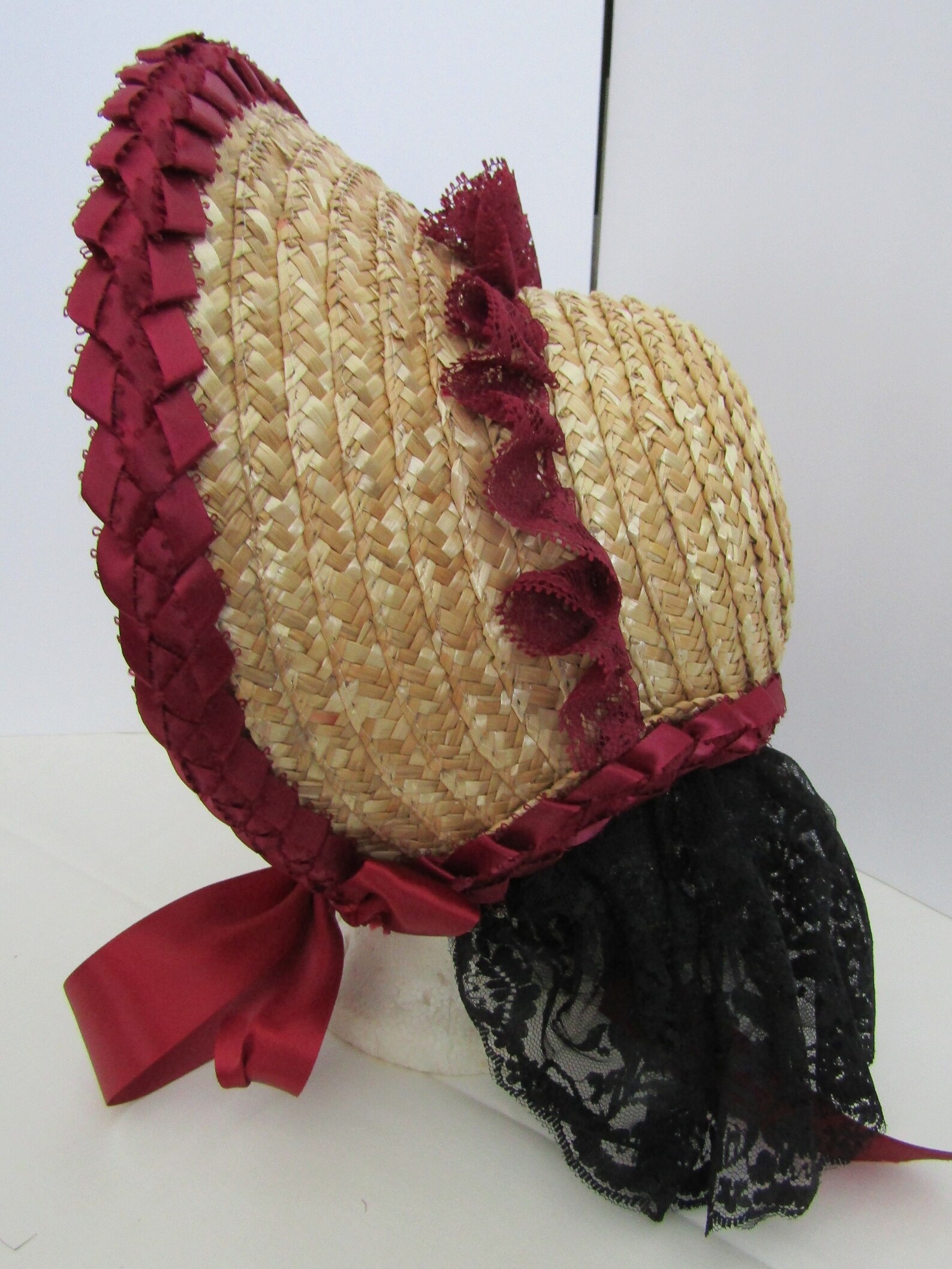 Straw Bonnet Reconstructed Reshaped Country Red Ribbon Braid Trim Roses ...