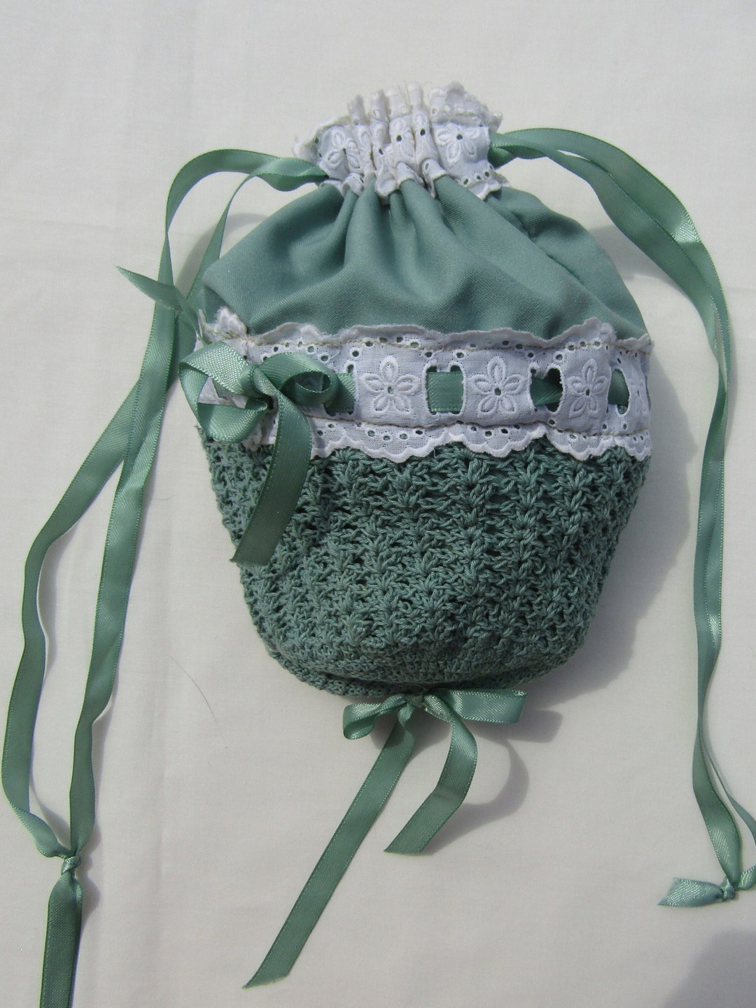 Drawstring Bag Reticule Sage Green Hand Crochet Civil War Renaissance ...