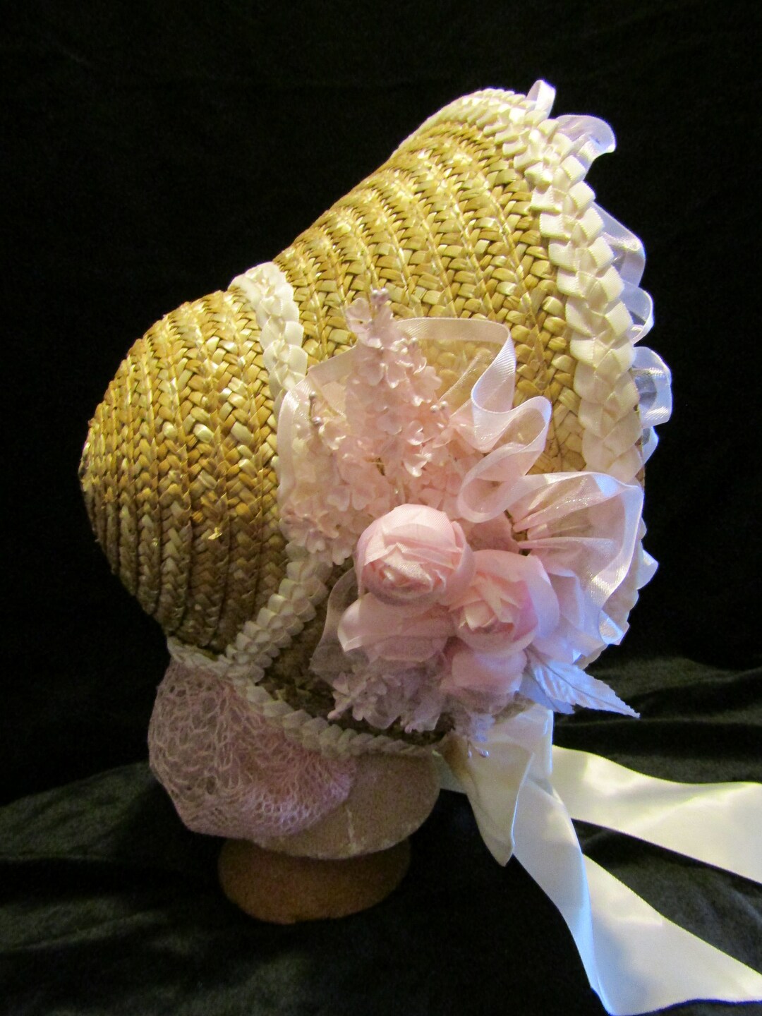 Straw Bonnet Reconstructed Reshaped off White Ribbon Braid Trim Pink ...