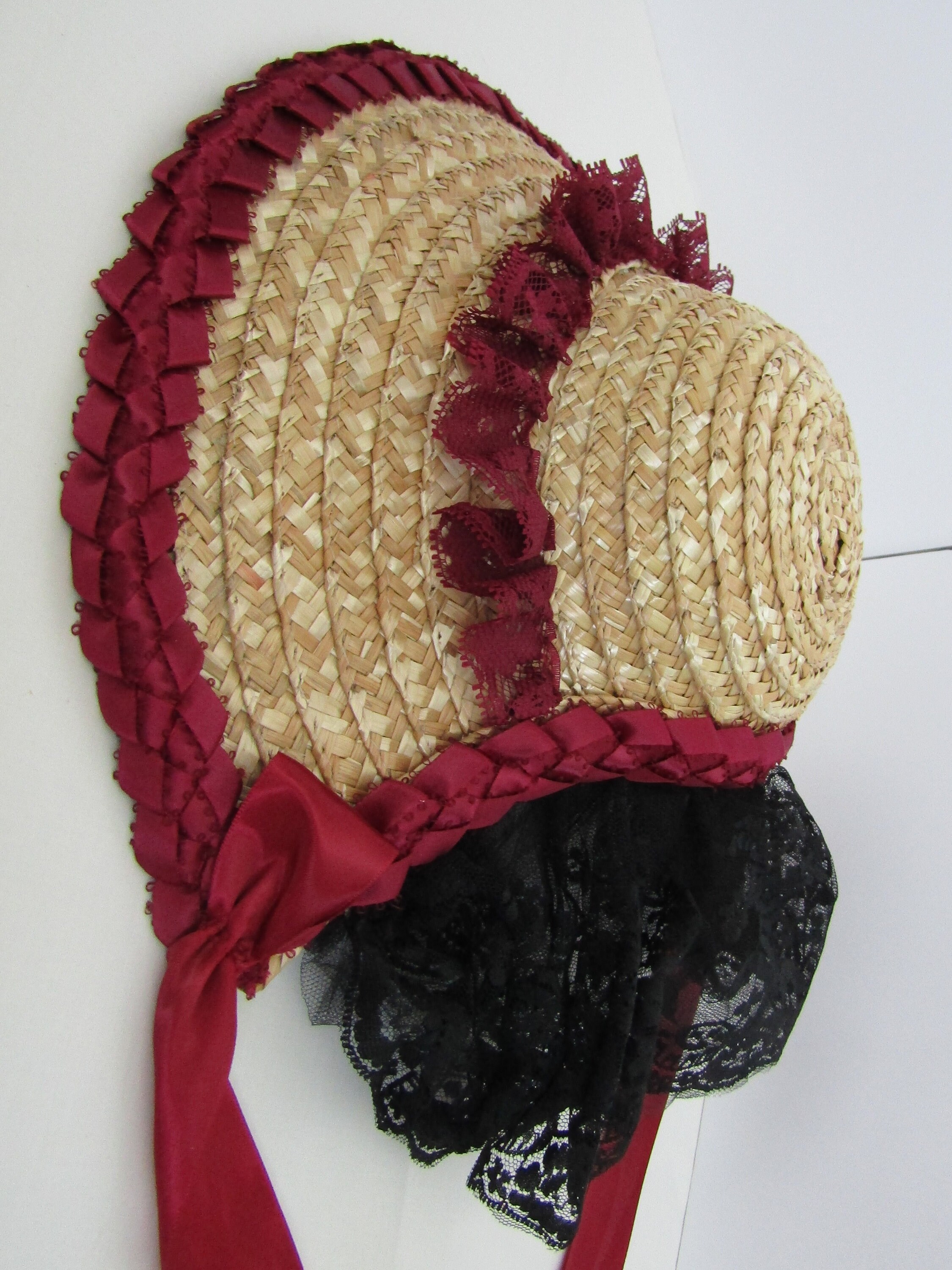 Straw Bonnet Reconstructed Reshaped Country Red Ribbon Braid Trim Roses ...