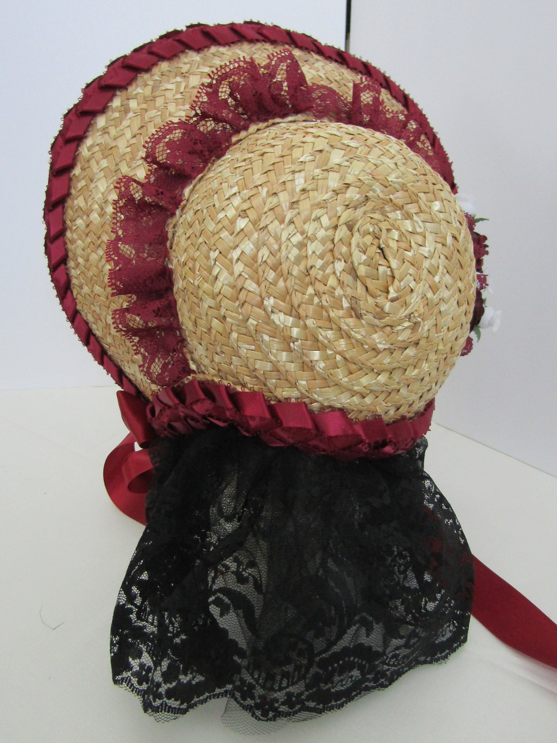 Straw Bonnet Reconstructed Reshaped Country Red Ribbon Braid Trim Roses ...