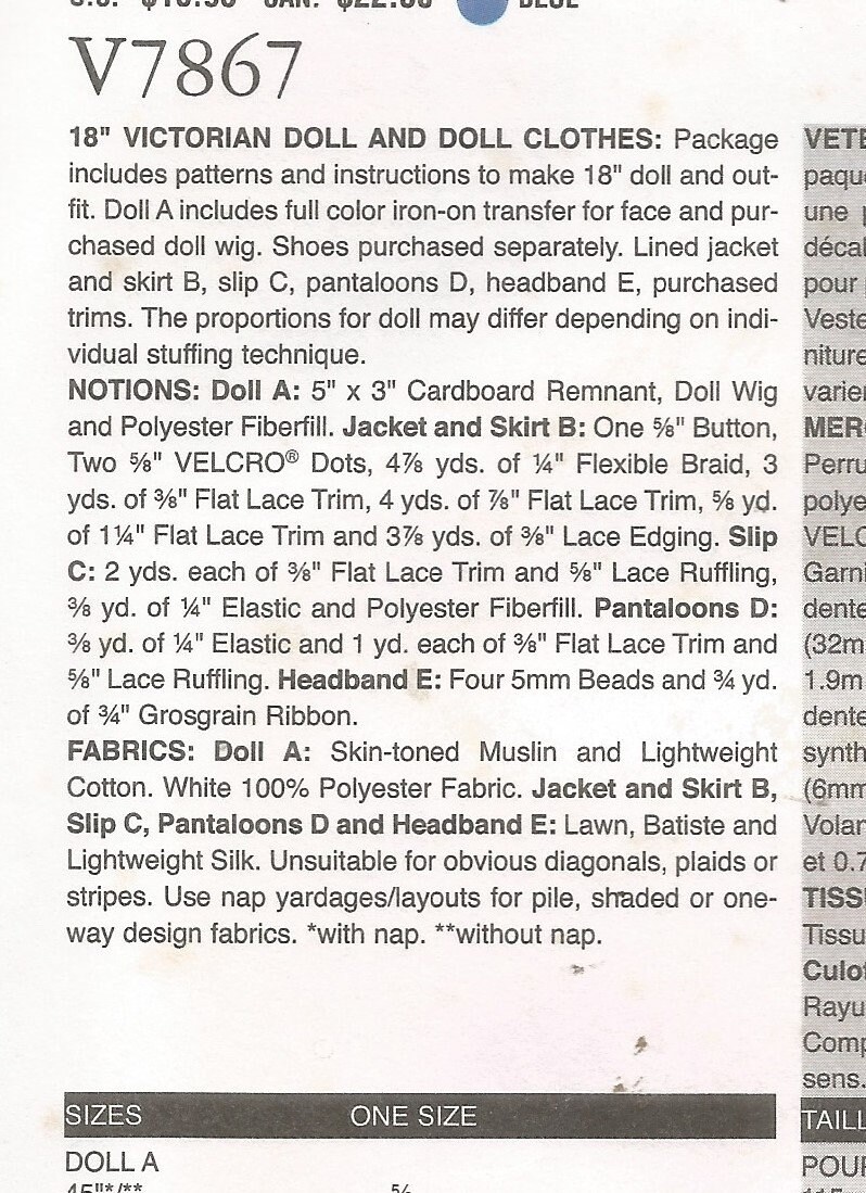 7867 Vogue Sewing Pattern UNCUT Victorian Doll 18 Inch W Dress - Etsy