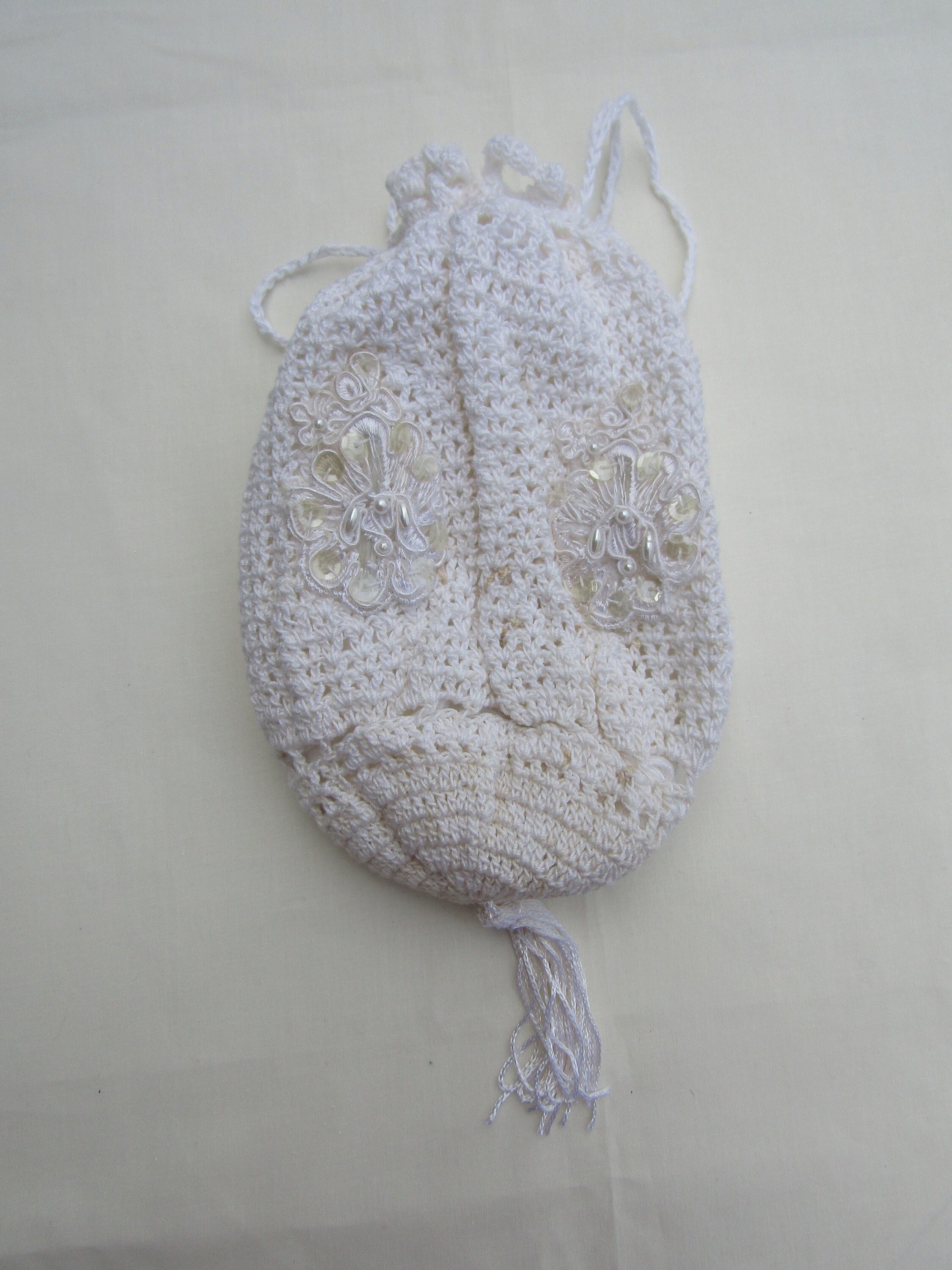 Drawstring Bag Reticule White Appliques Sequins Beads Hand - Etsy