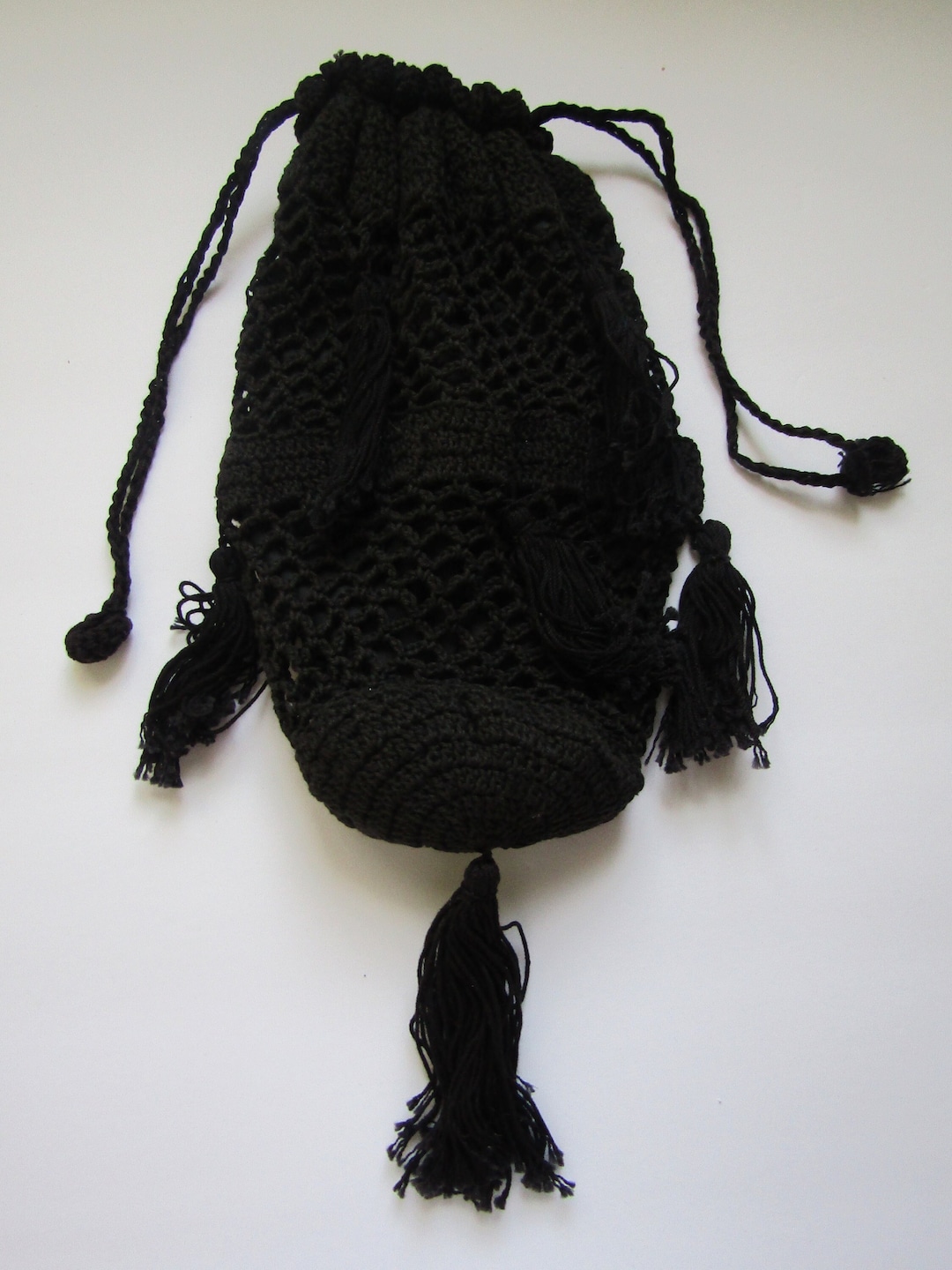 Drawstring Reticule Work Bag Black Hand Crochet W Tassels Civil War ...