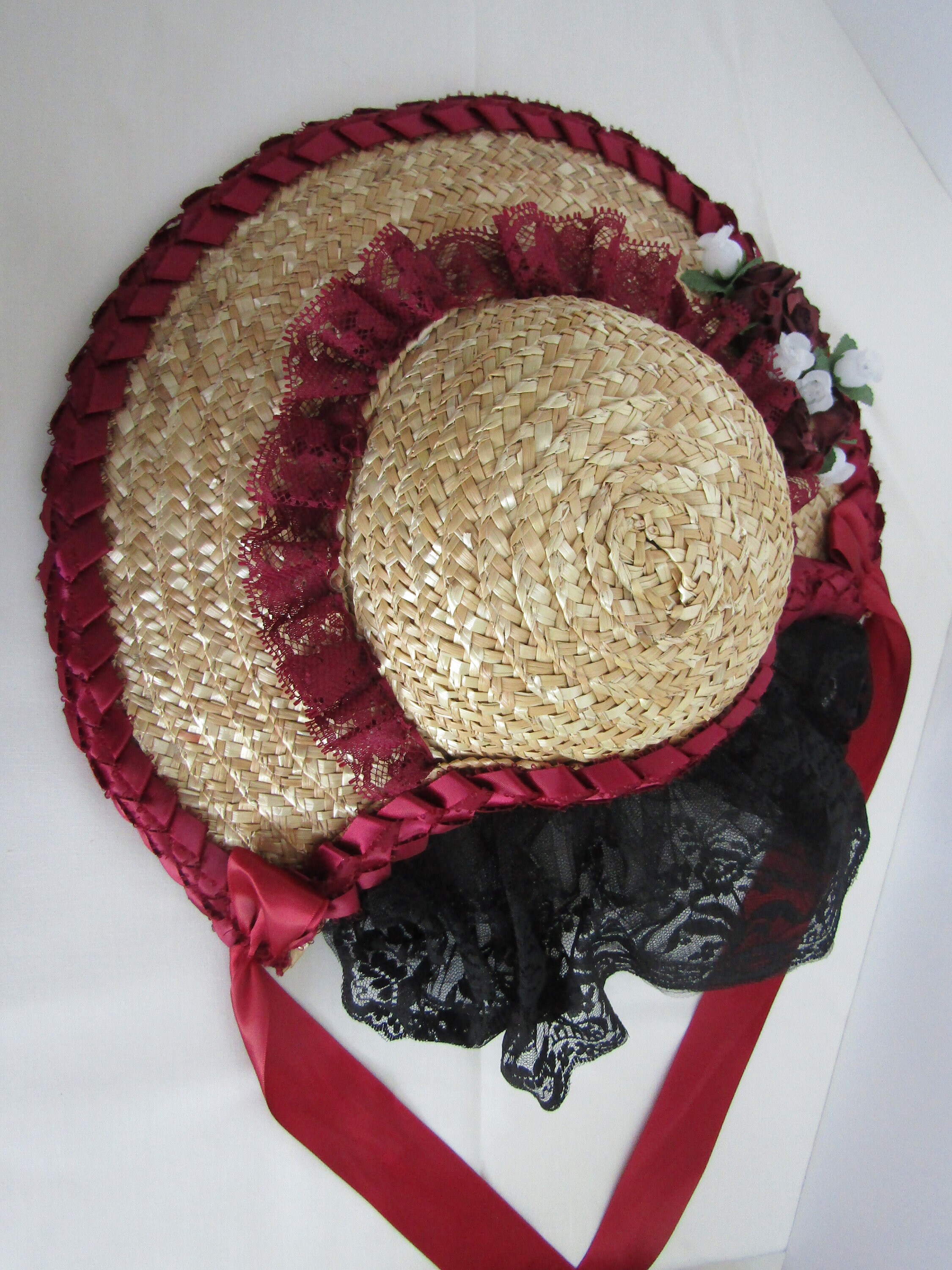 Straw Bonnet Reconstructed Reshaped Country Red Ribbon Braid Trim Roses ...