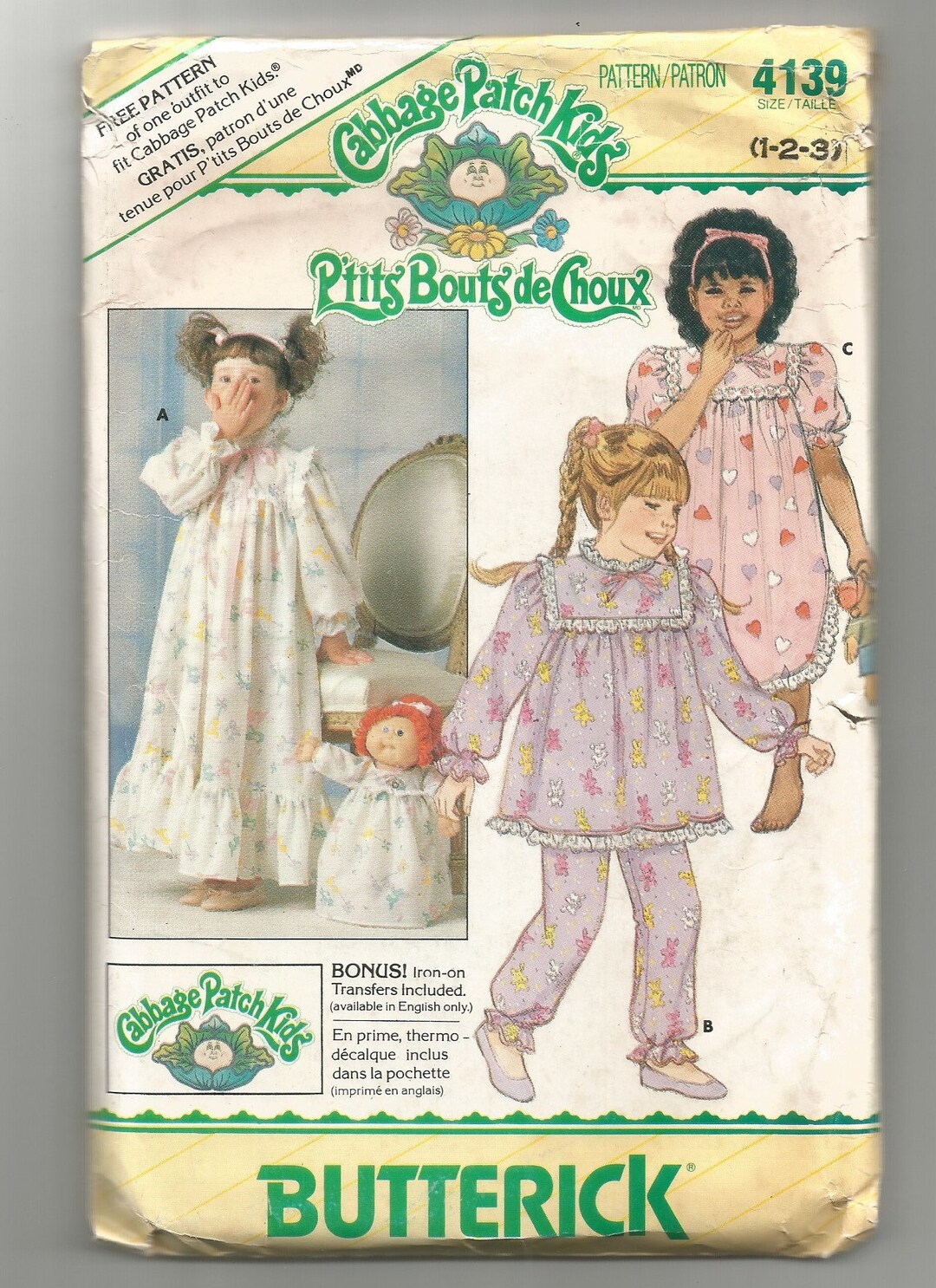 4139 Butterick Sewing Pattern Girls Nightgown Top Pants Size 1 2 3 ...