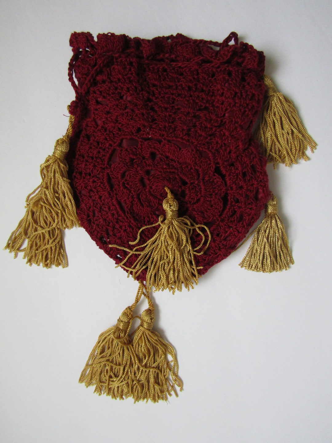 Drawstring Bag Reticule Dark Red Hand Crochet Gold Tassels Civil War ...