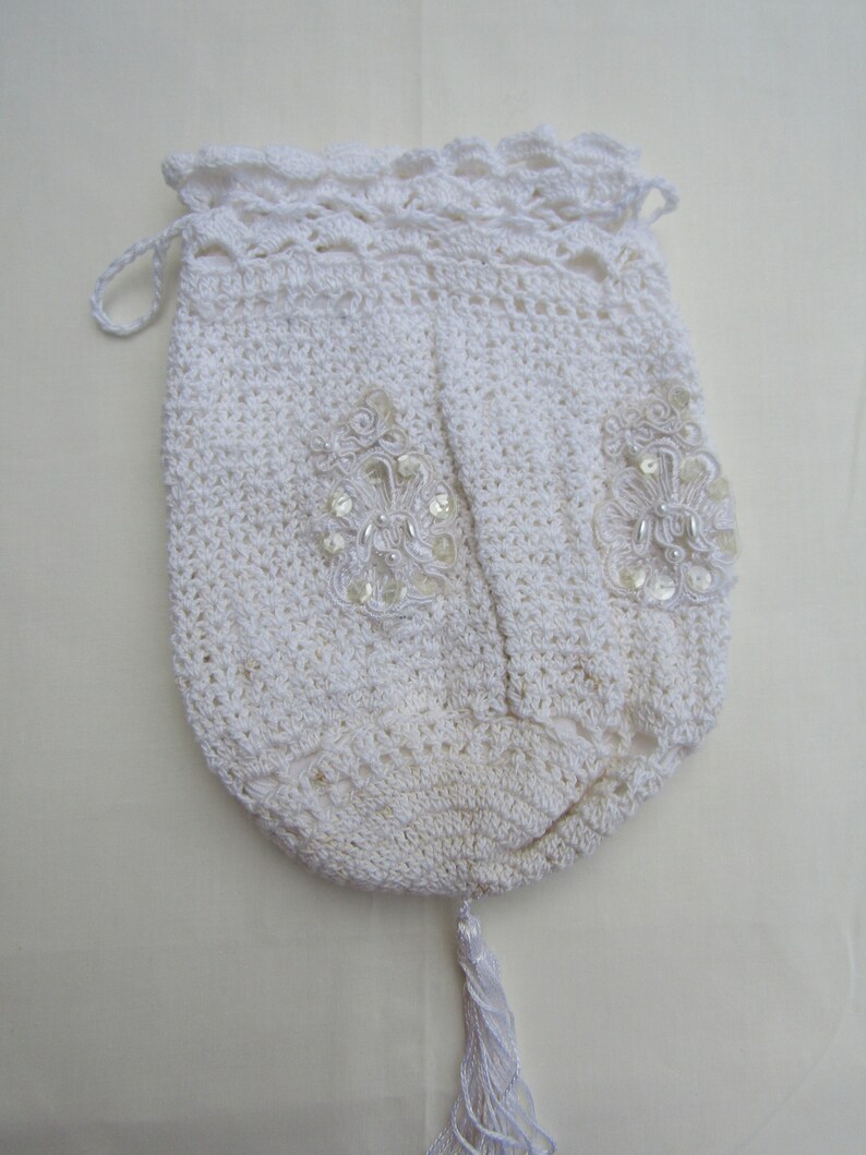 Drawstring Bag Reticule White Appliques Sequins Beads Hand Crochet ...