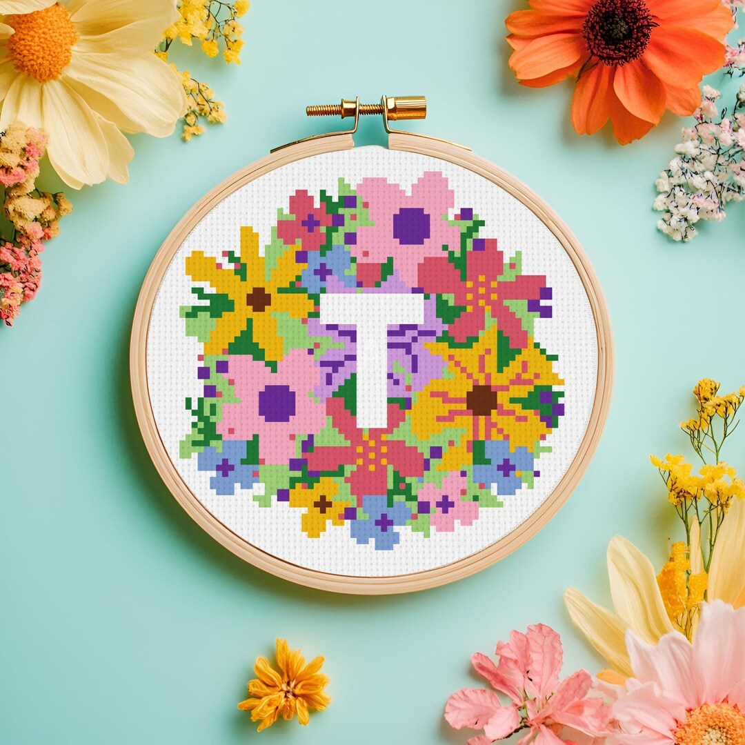 Letter T Cross Stitch Pattern - Floral, Alphabet, Initial, Name - Etsy