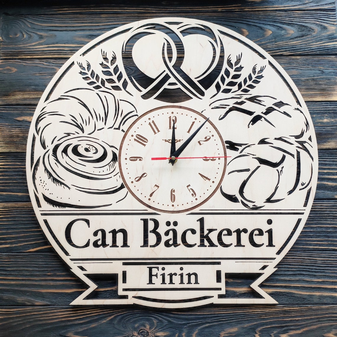 Custom Bakery Wall Clock With Logo Large Wood Cafe Decor Personalized ...