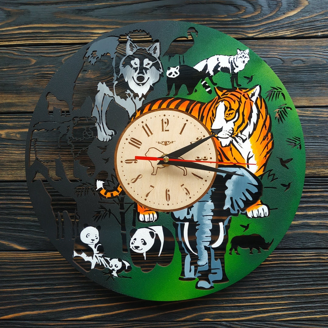 Colored Wild Animals Wall Clock Hand Painted Nursery and Kids Room ...